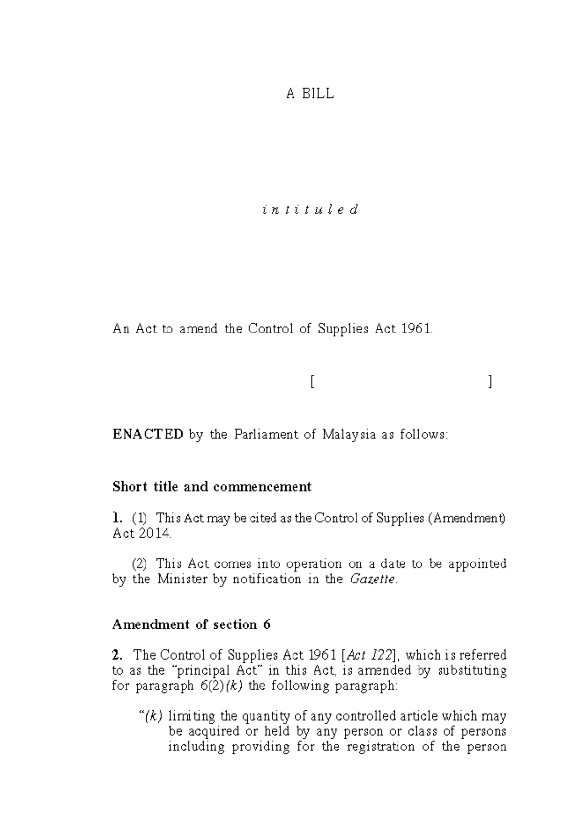 Control of Supplies Act 1961 (Amendment) Bill 2014 Analysis - Studocu