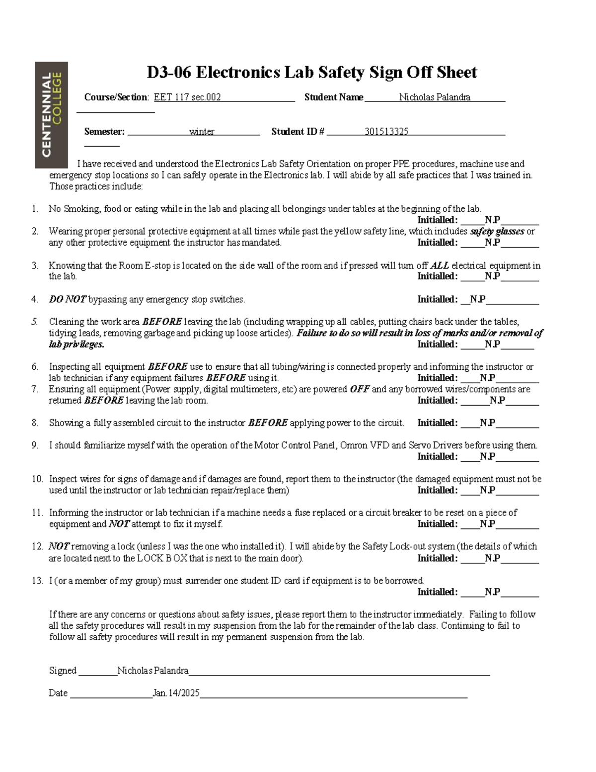 EET 117 Electronics Lab Safety Sign Off Sheet - Winter 2025 - Studocu