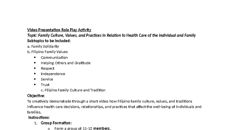 Video Presentation Role Play: Family Culture & Health Care - Studocu