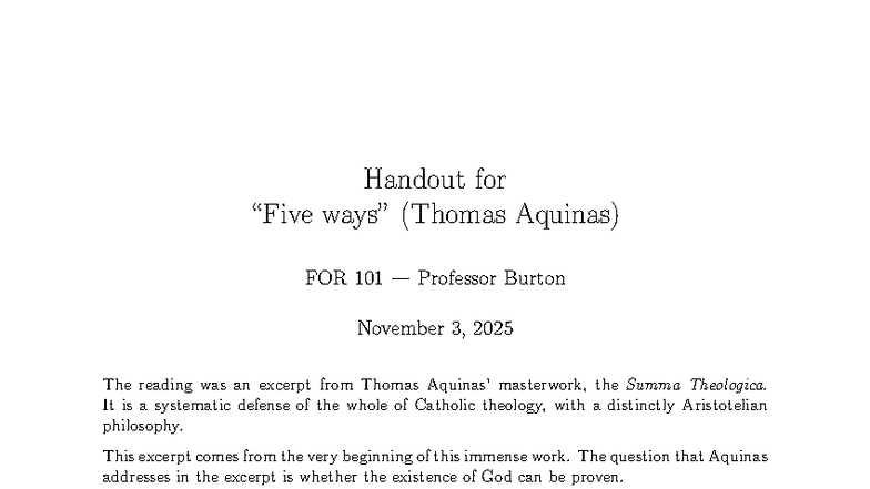 Thomas Aquinas' Five Ways to Prove God's Existence - FOR 101 - Studocu