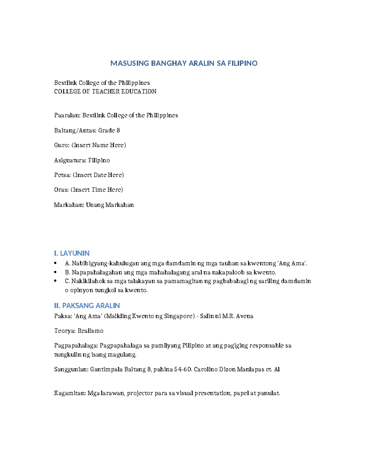 Interactive Game-Based Lesson Plan: Filipino Grade 8 - 'Ang Ama' - Studocu