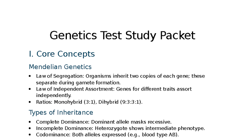 Genetics Test Study Packet I: Key Concepts & Practice Qs - Studocu