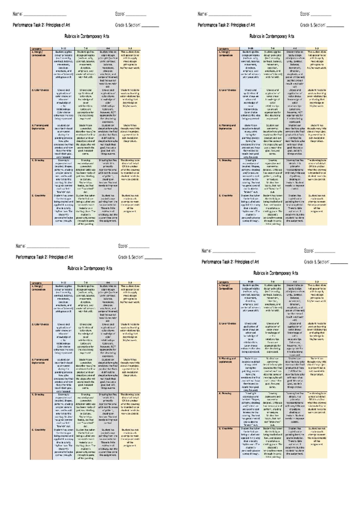 Performance Task 2: Principles of Art Rubrics Analysis - Studocu
