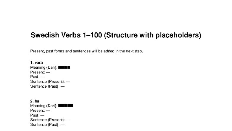 Swedish verbs 1 100 full - Swedish Verbs 1–100 (Structure with ...