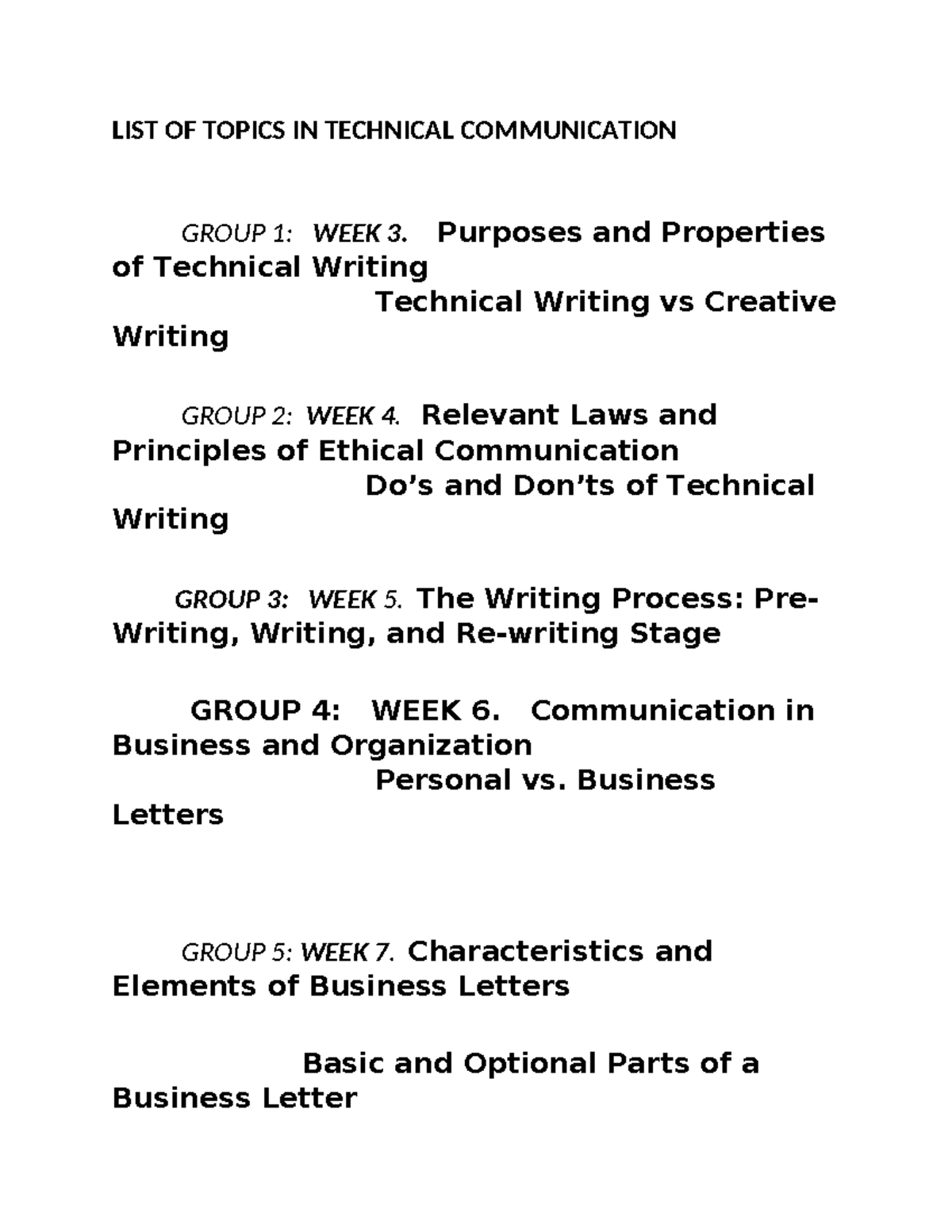 Group Reporting LIST OF Topics - LIST OF TOPICS IN TECHNICAL ...