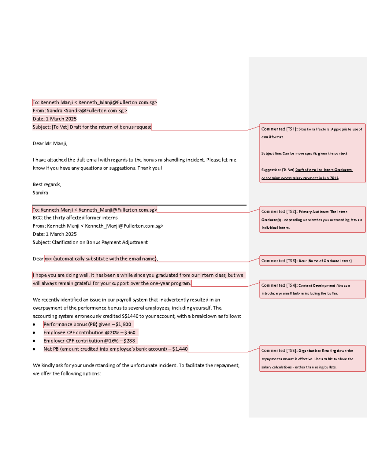 Fullerton Hospital Draft Email on Bonus Payment Adjustment - Studocu