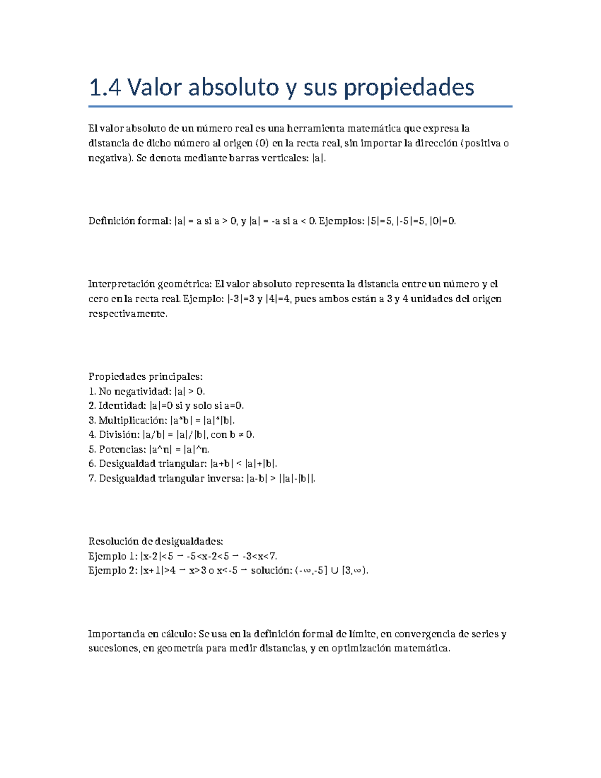 1.4 Valor Absoluto y Sus Propiedades en Matemáticas - Studocu