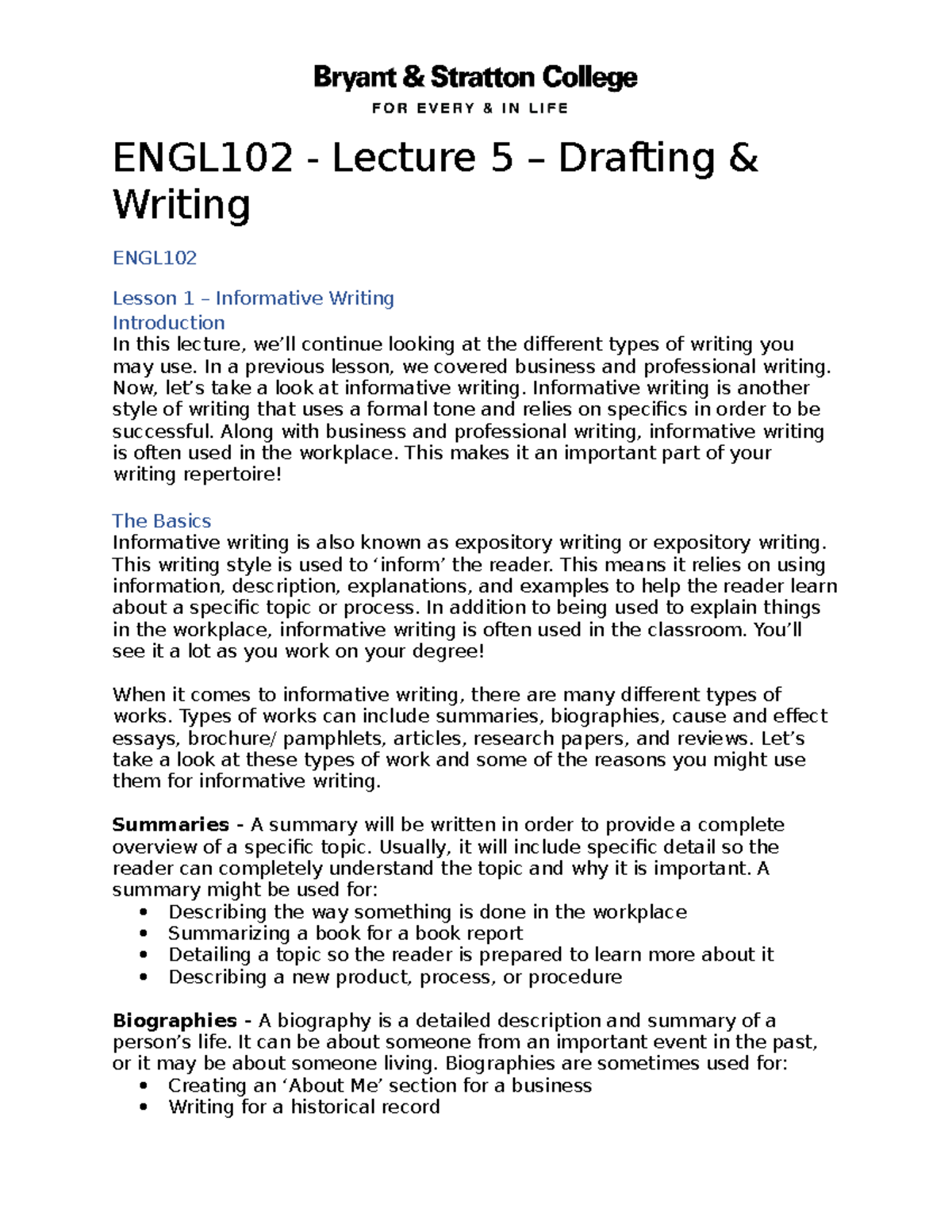 ENGL102 Lecture 5 - ENGL102 - Lecture 5 – Drafting & Writing ENGL ...