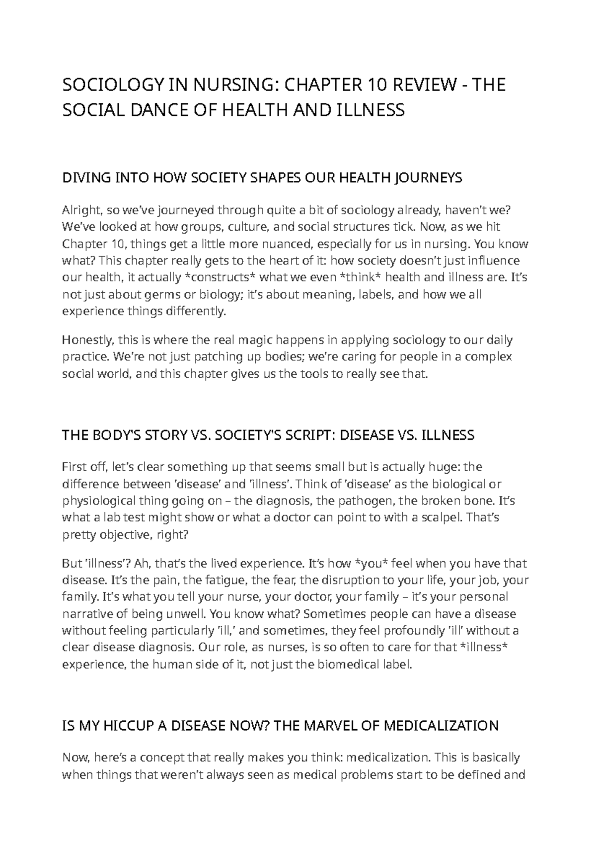 Sociology in Nursing: Chapter 10 Review on Health & Illness Dynamics ...