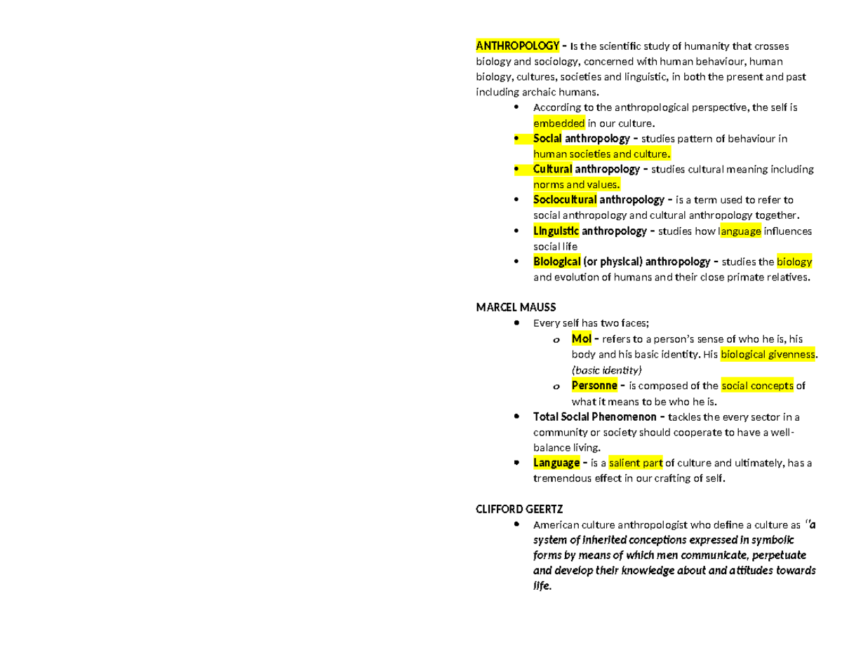 KEY - ANTHRO 101 - Summary of Key Concepts in Anthropology - Studocu