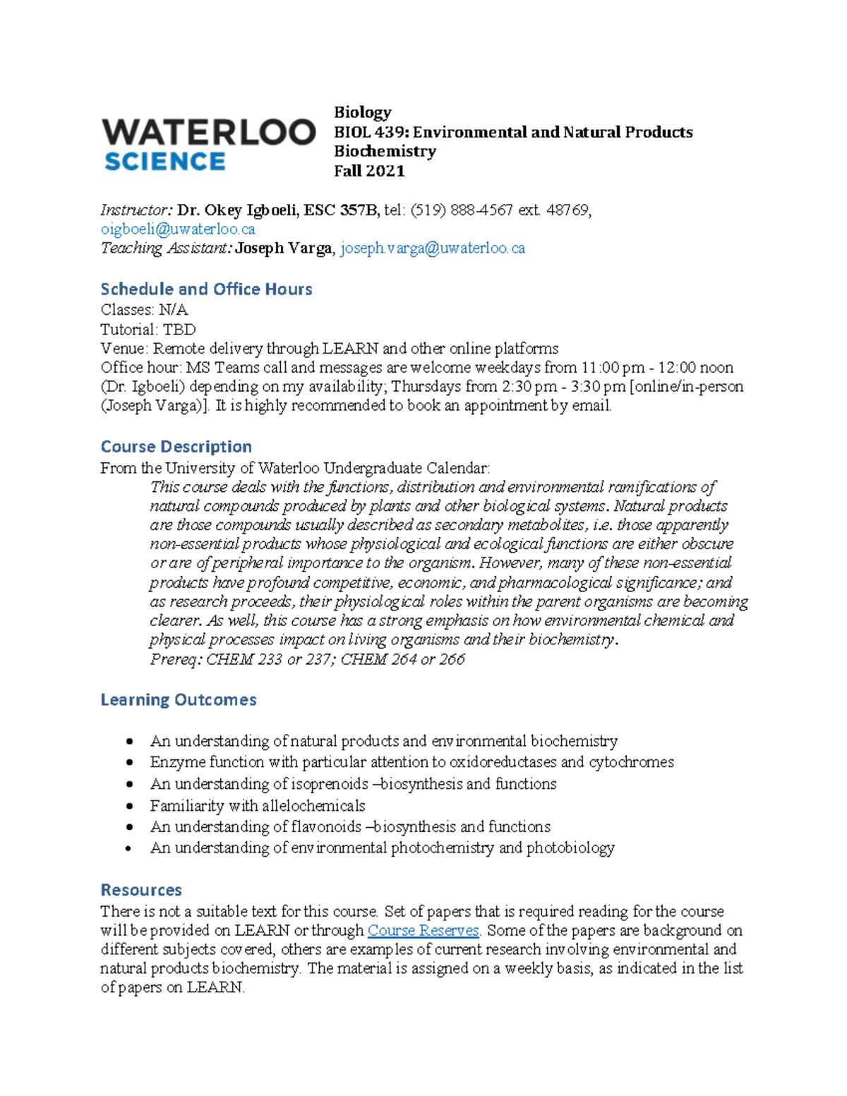 BIOL 439: F2021 Syllabus - Environmental & Natural Products - Studocu