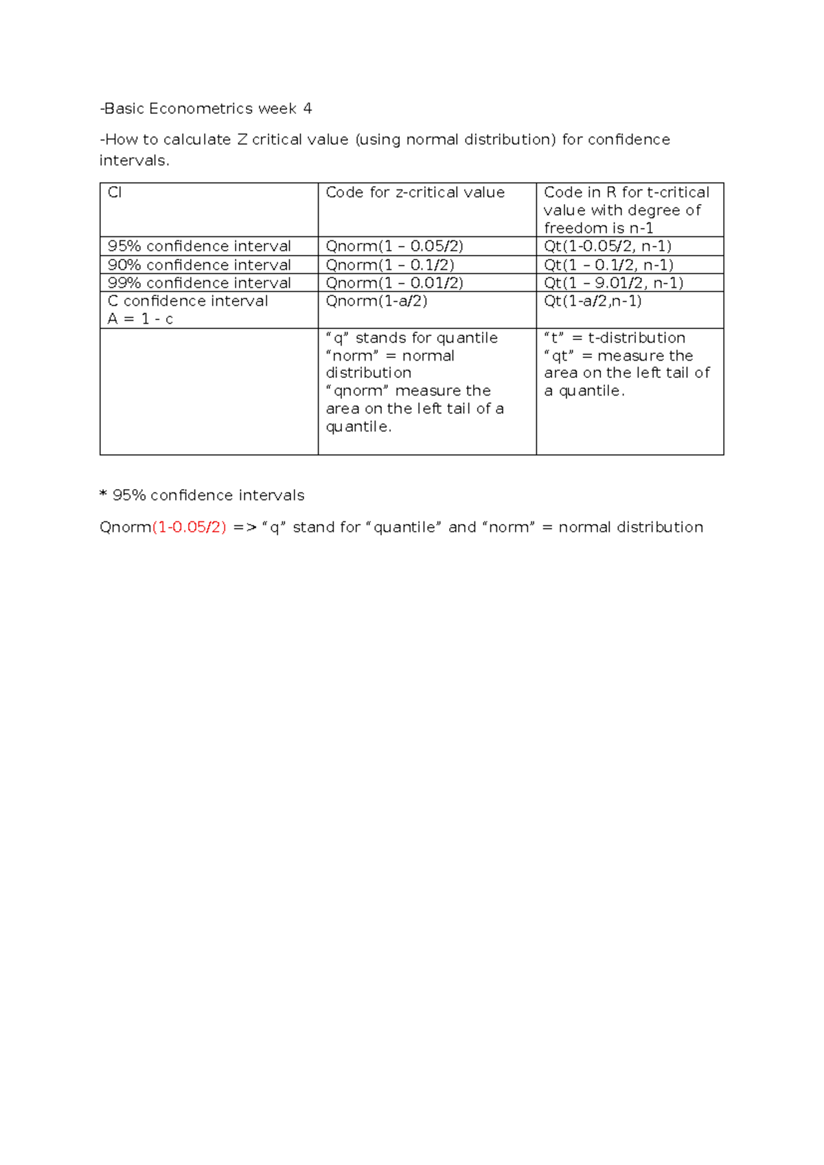 Basic Econometrics week 4 - CI Code for z-critical value Code in R for ...