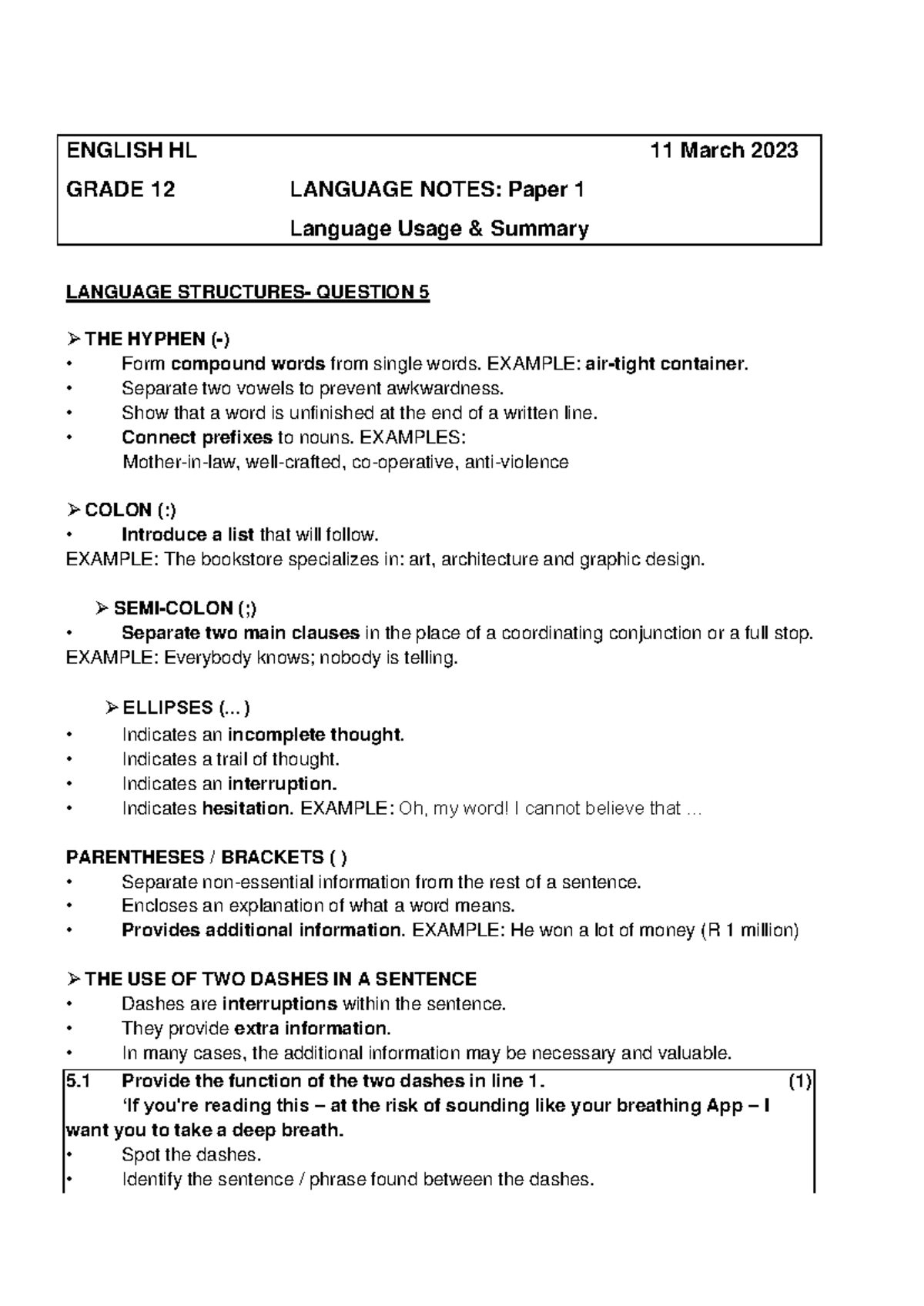 GR 12 Eng HL Paper 1 - Summary and Language Structures Notes - Studocu