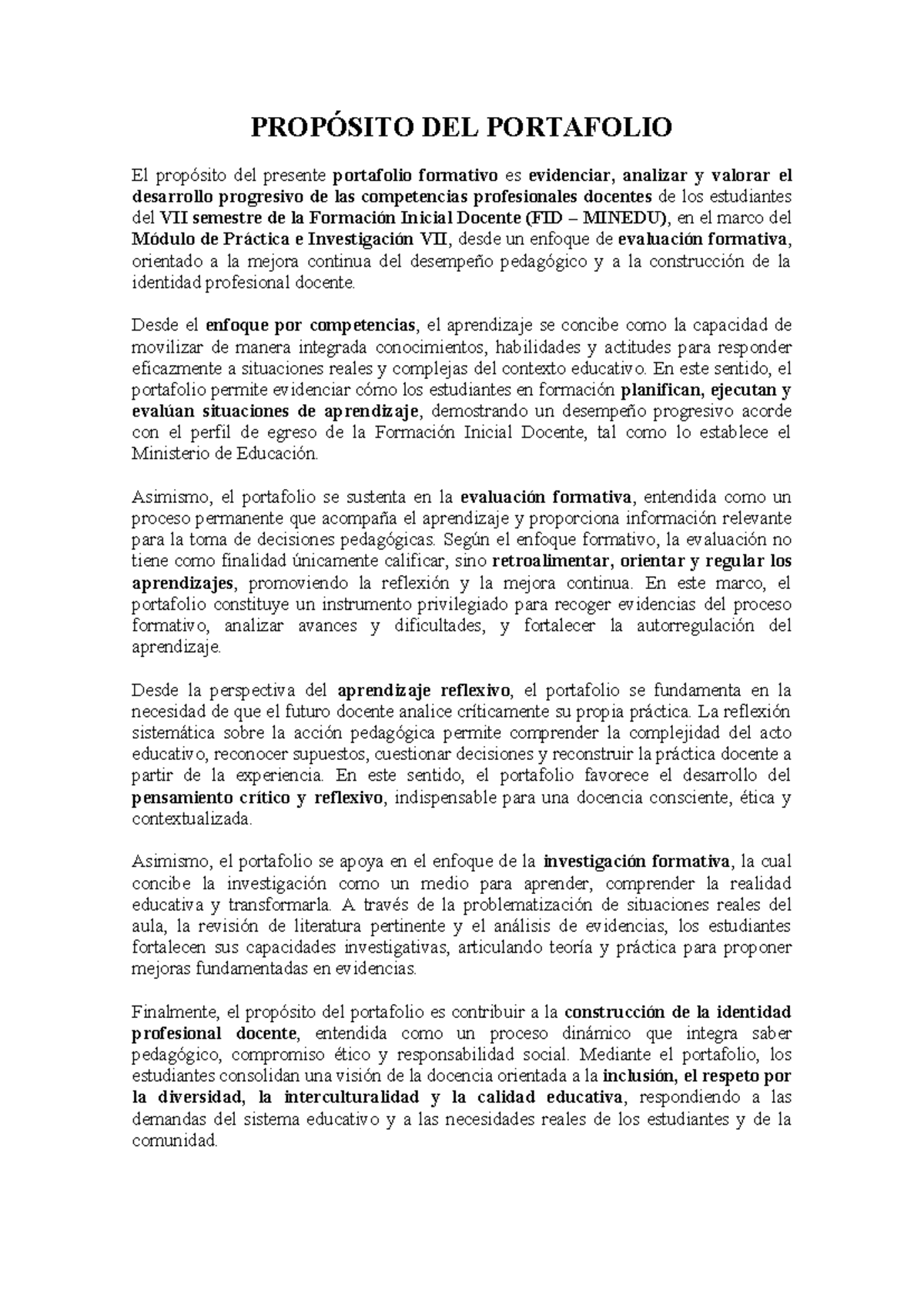 PROPÓSITO DEL PORTAFOLIO FID MINEDU: Análisis y Reflexión Docente - Studocu