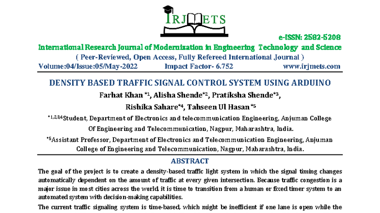 Density-Based Traffic Signal Control System Using Arduino - IRJMETS ...