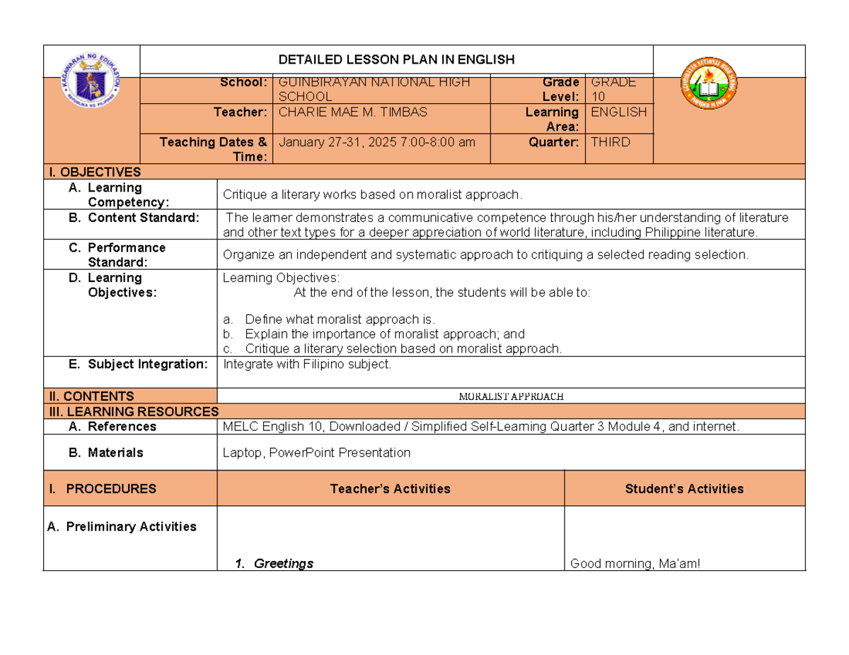 Detailed Lesson Plan: The Moralist Approach in Literature (ENG10) - Studocu