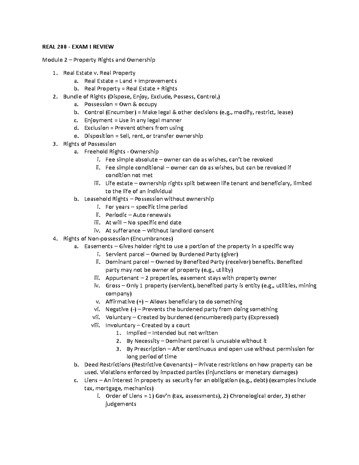 REAL 200 - Exam I Review: Property Rights & Ownership Basics - REAL 200 ...