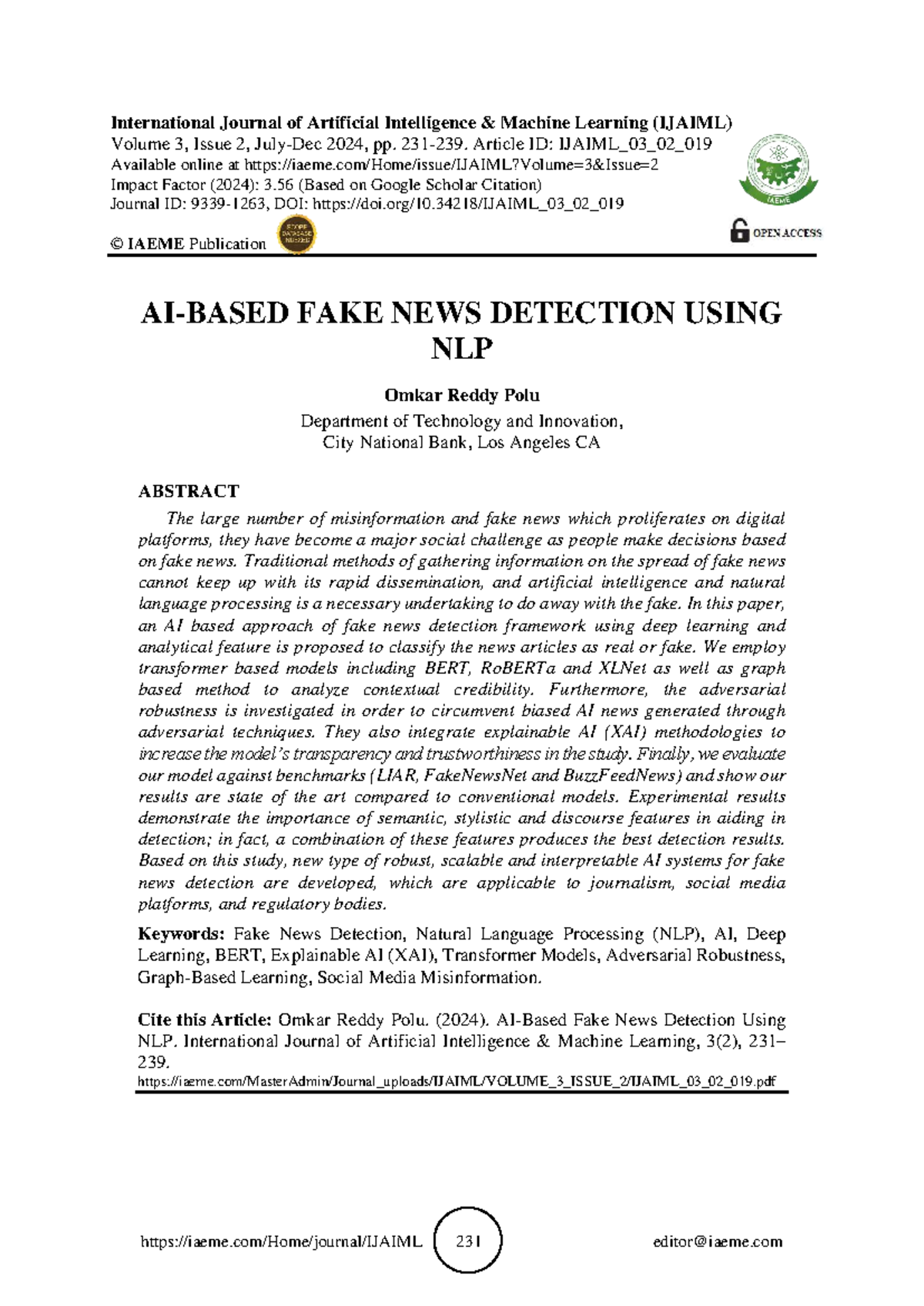 IJAIML_03_02_019: AI-Driven Fake News Detection Using NLP Techniques ...