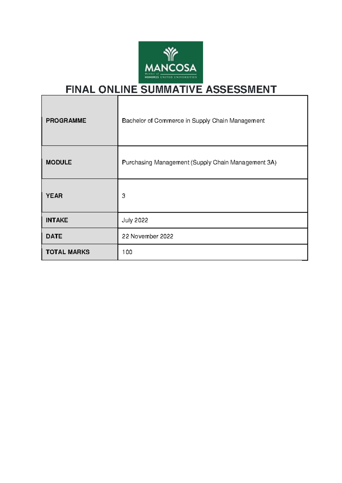 Final Online Summative Assessment: Purchasing Management 3A - Studocu