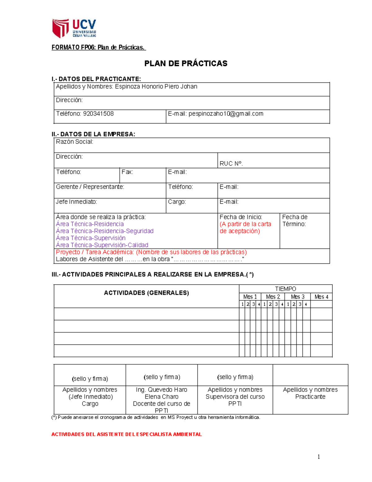 Formato FP06: Plan de Prácticas 2025-I - Detalles del Practicante - Studocu