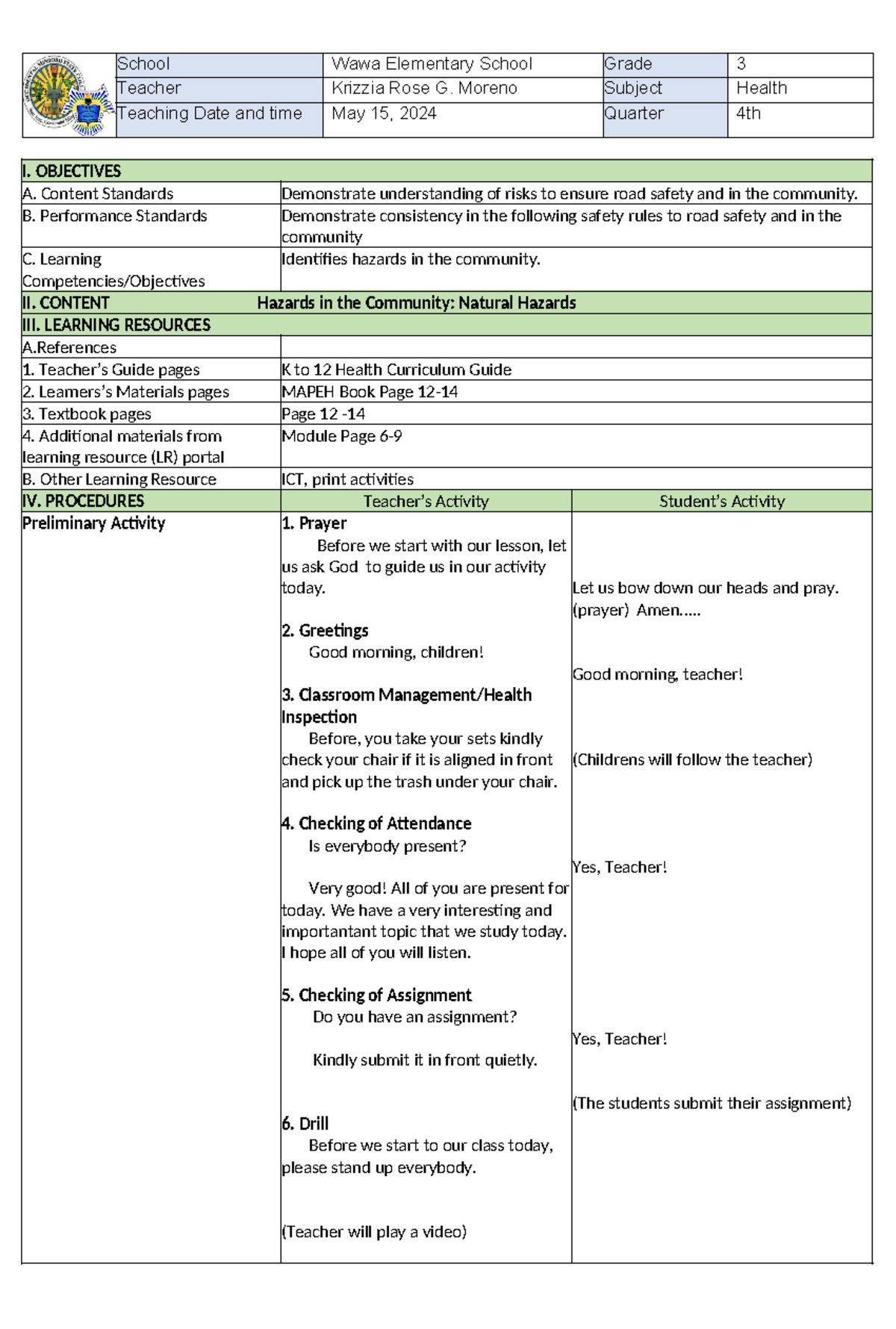 Health-DLP - Detailed Lesson Plan for Grade 3 Road Safety Hazards - Studocu