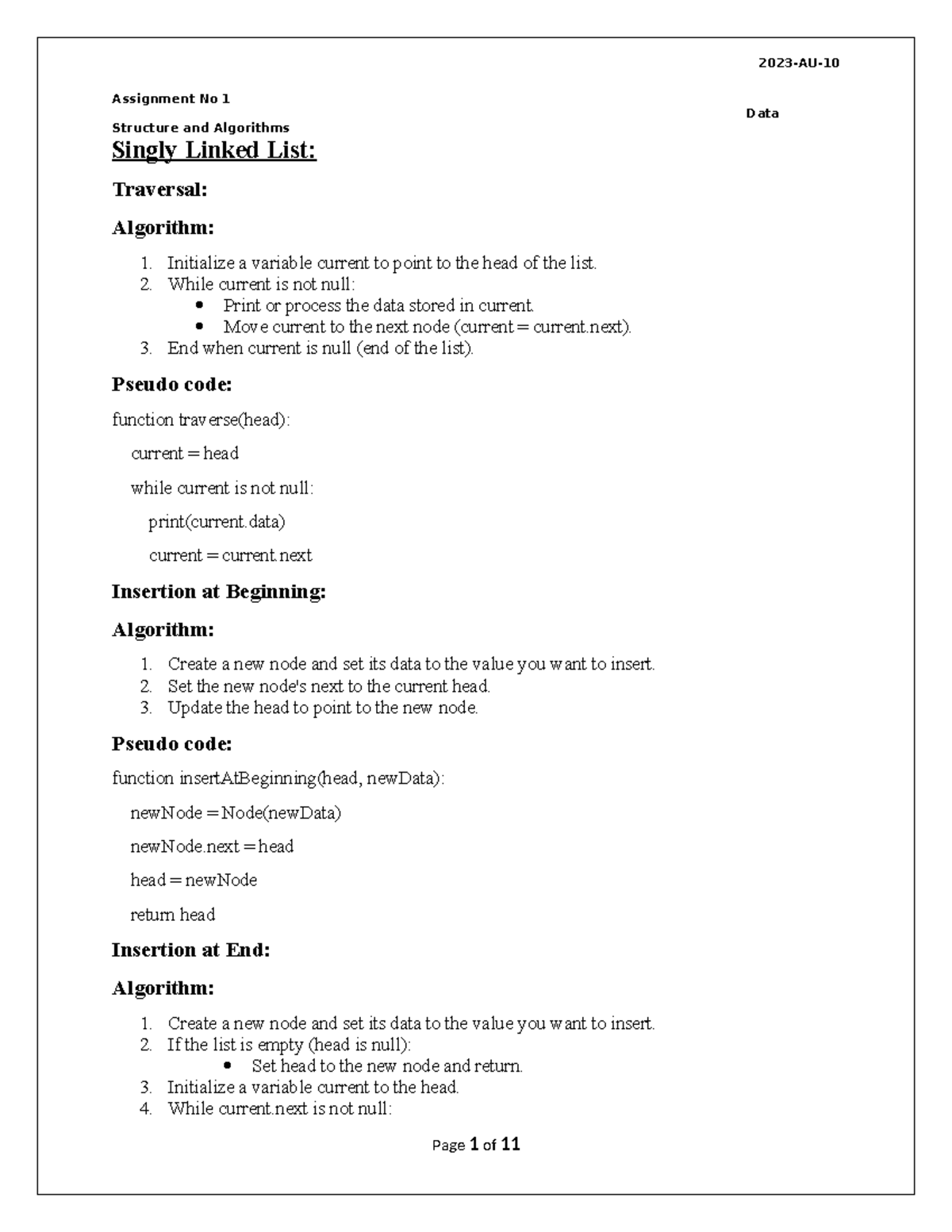Singly Linked List - prepare it - Assignment No 1 Data Structure and Algorithms Singly Linked ...