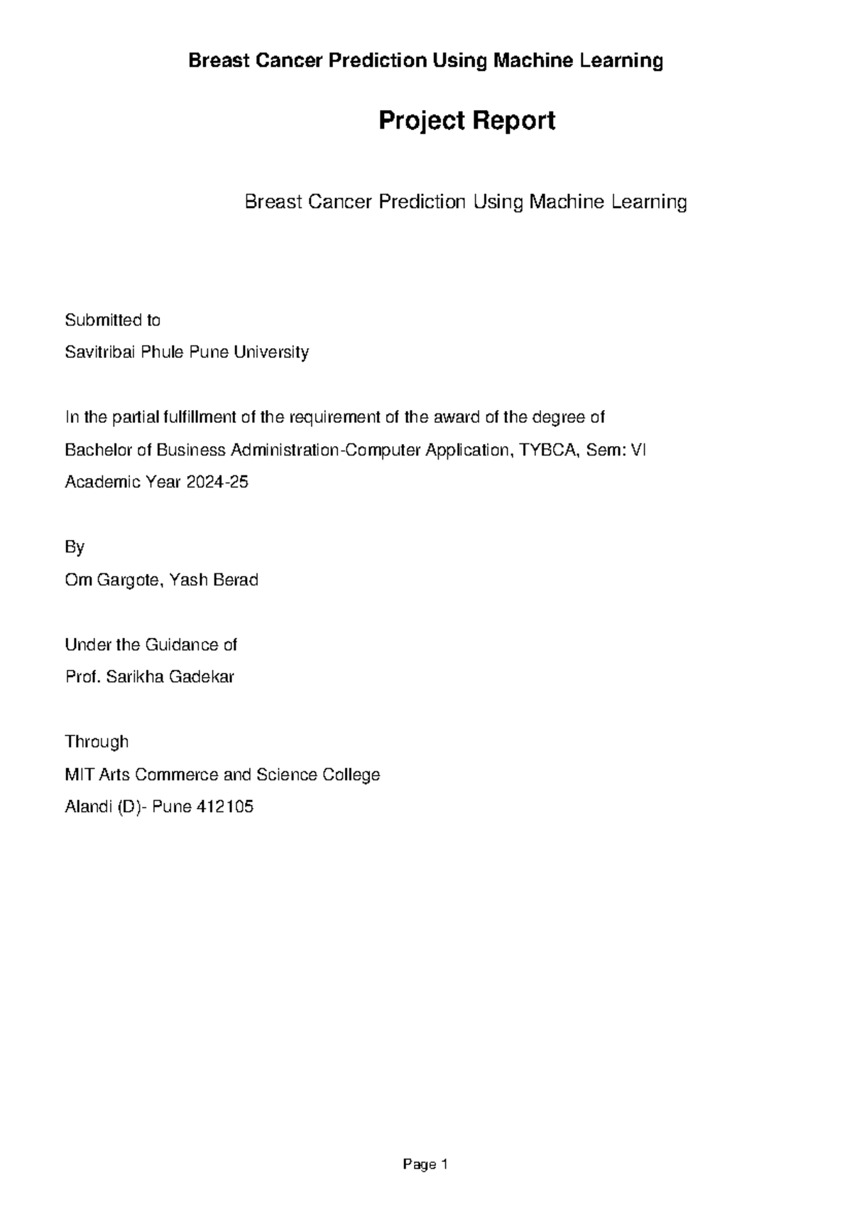 Breast Cancer Prediction Using ML: Project Report for TYBCA Sem VI ...