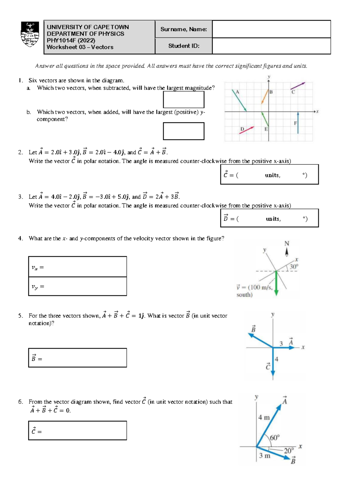 PHY1014F 2022 Worksheet 03: Vectors Analysis and Solutions - Studocu
