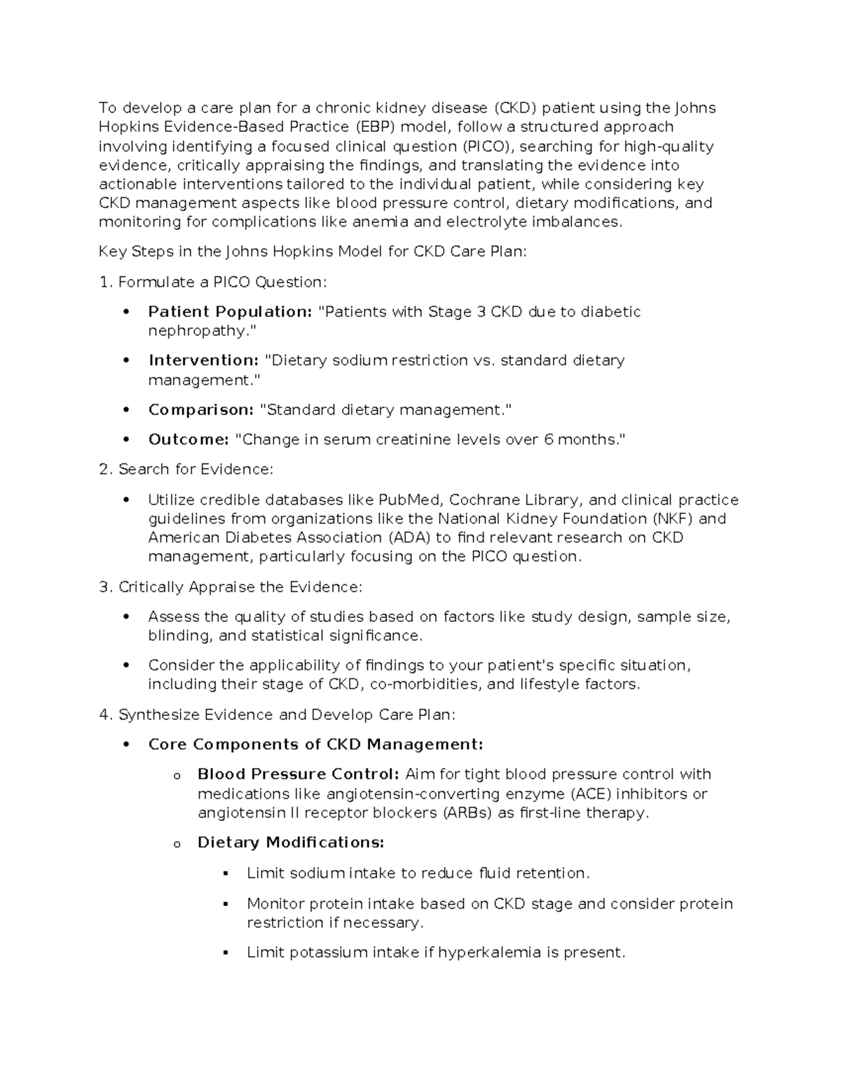 Johns Hopkins EBP Model: Care Plan for Chronic Kidney Disease (CKD ...