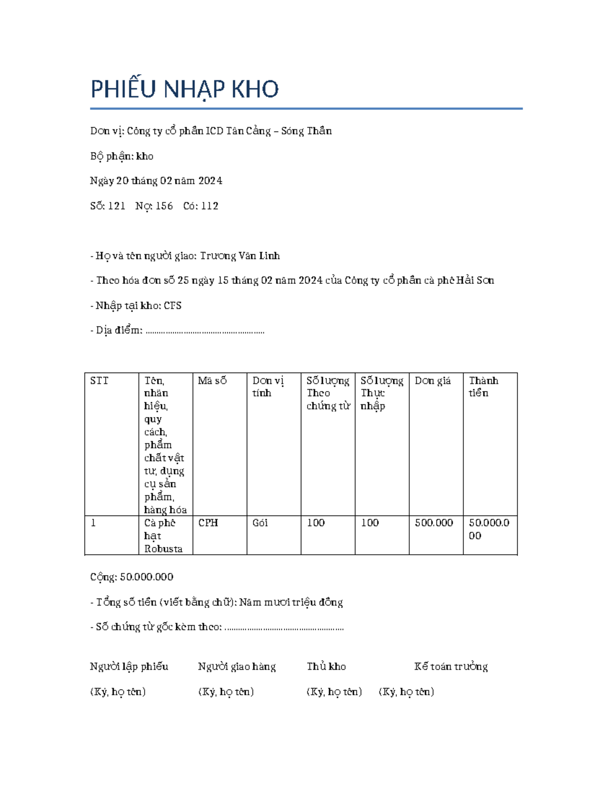 PHIẾU NHẬP KHO - Công ty ICD Tân Cảng Sóng Thần 20/02/2024 - Studocu