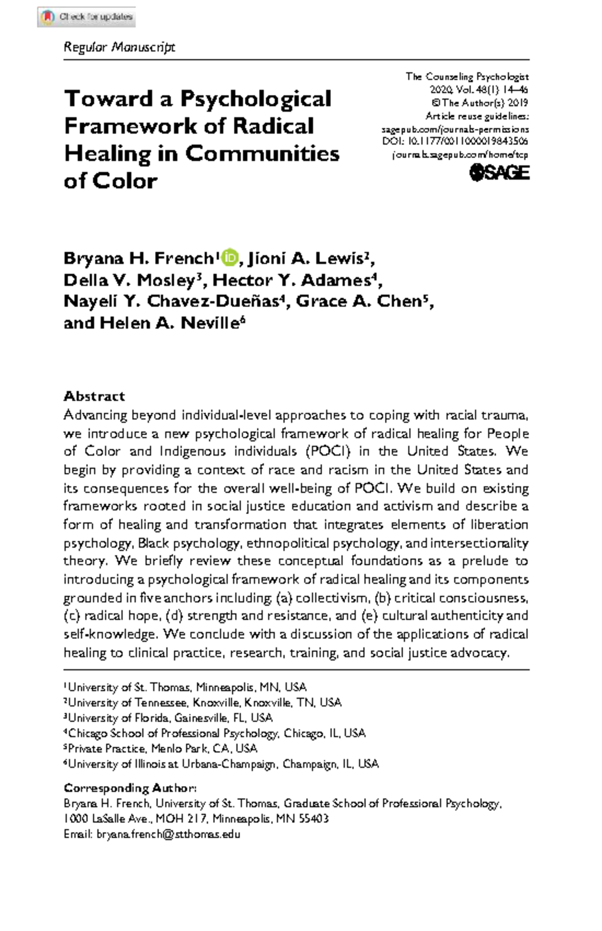 Toward a Psychological Framework of Radical Healing (TCP 2020) - Studocu