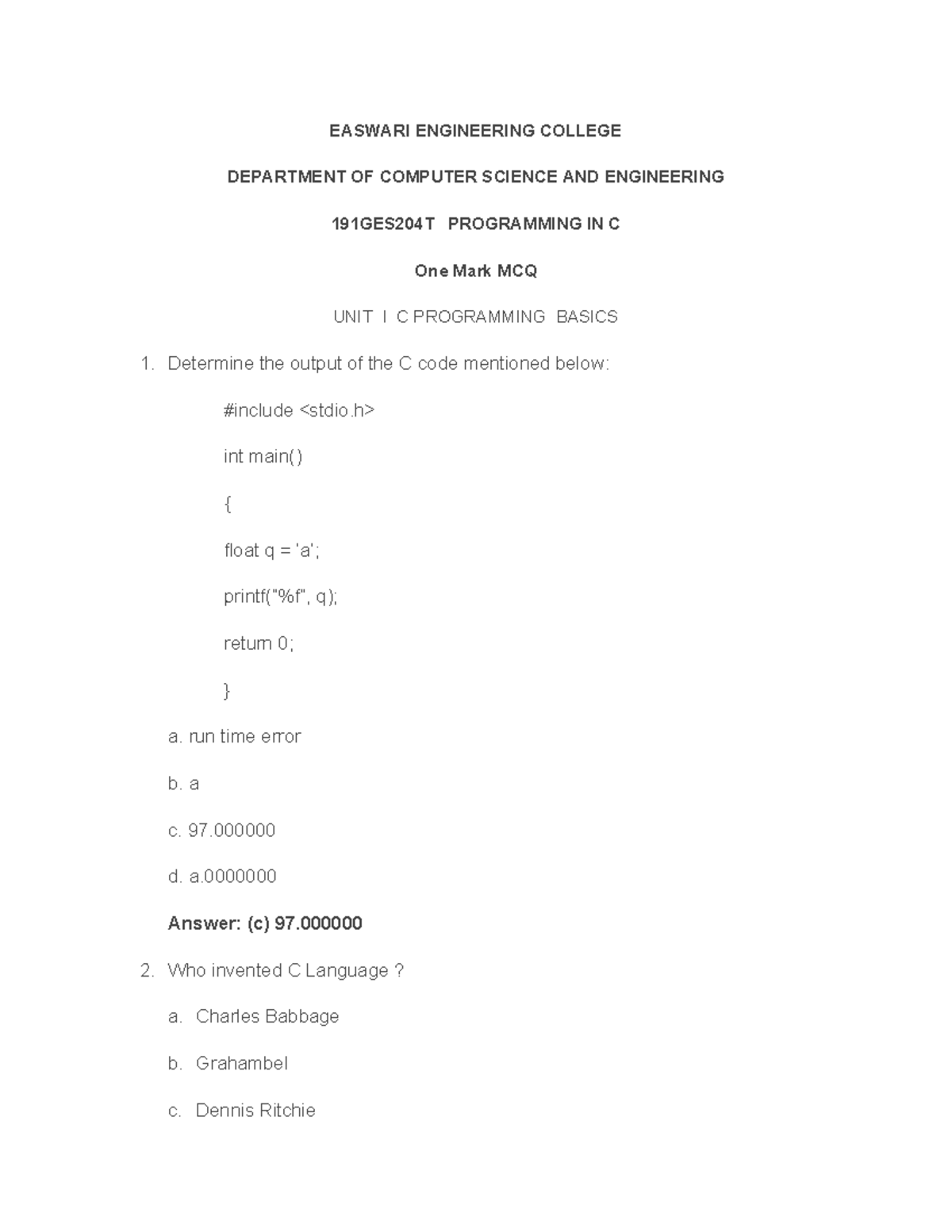 EASWARI ENGINEERING COLLEGE 191GES204T C Programming Unit 1 MCQ Notes ...