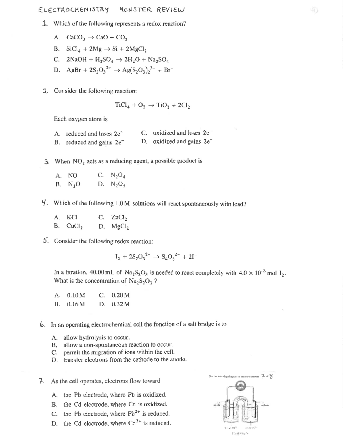 Electrochemistry Review: Key Concepts and Practice Questions for Exam ...