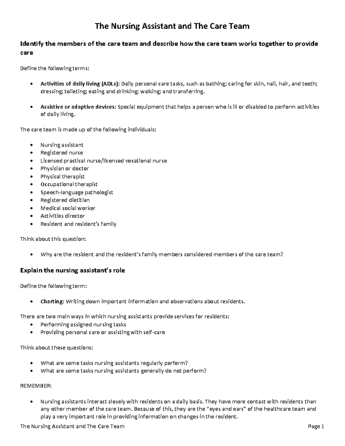Chapter 2: The Nursing Assistant's Role in the Care Team - Studocu