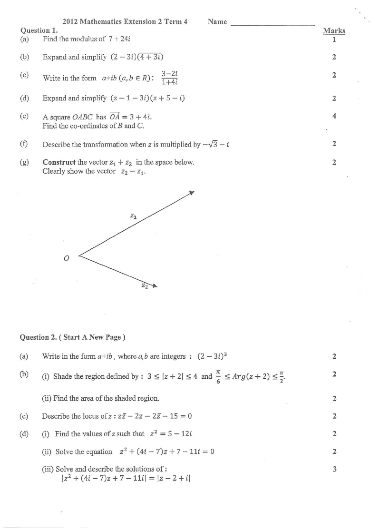 2012 Mathematics Extension 2 Term 4 Exam Questions and Solutions - Studocu