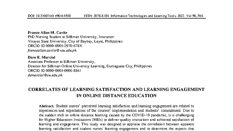 Correlates of Learning Satisfaction and Engagement in Online Nursing ...