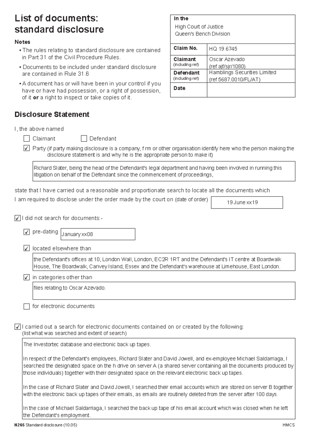 DR WS10 - Standard Disclosure Document List Exemplar - Studocu