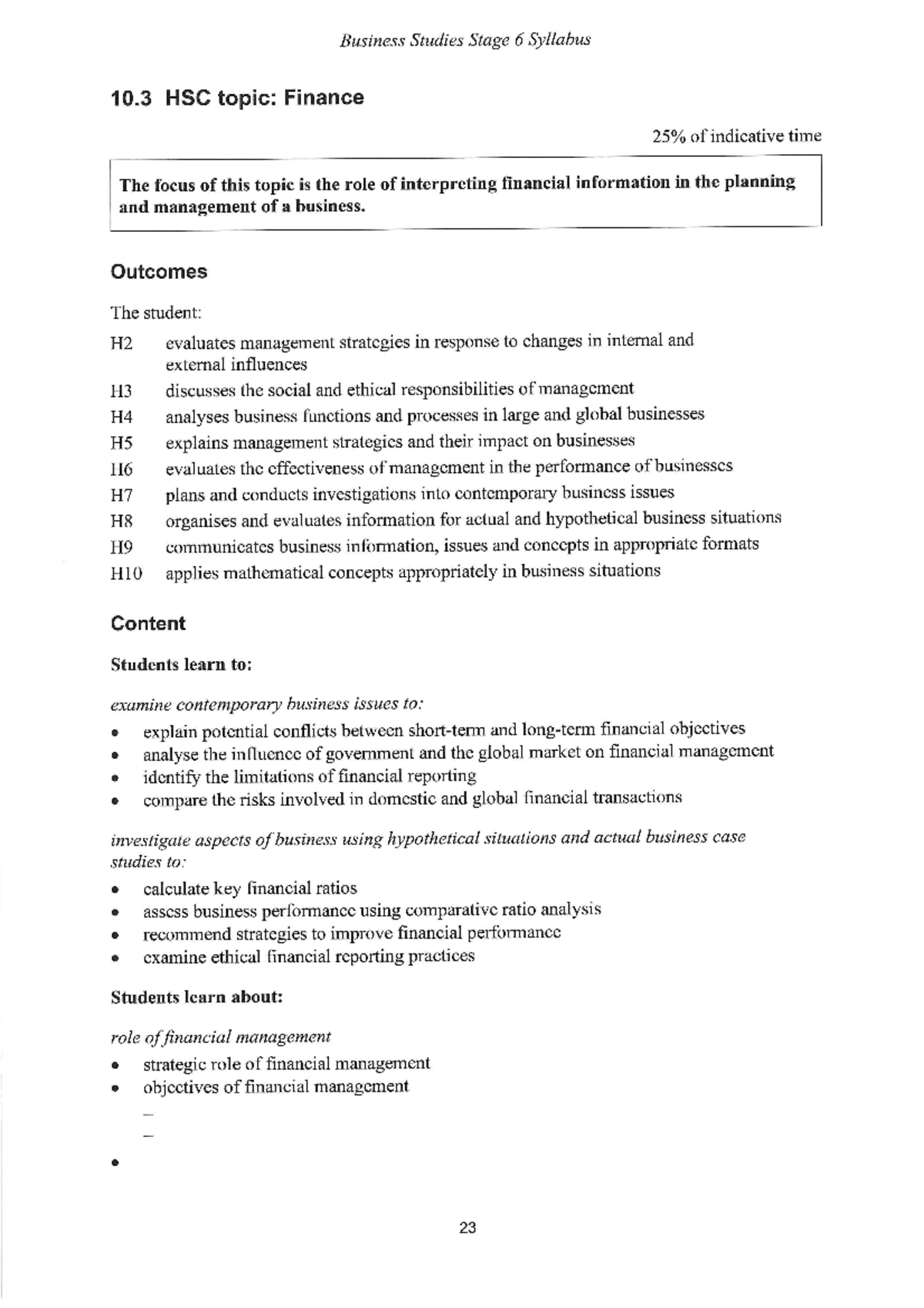 Business Studies 10.3 HSC: Finance Syllabus Overview and Key Outcomes ...