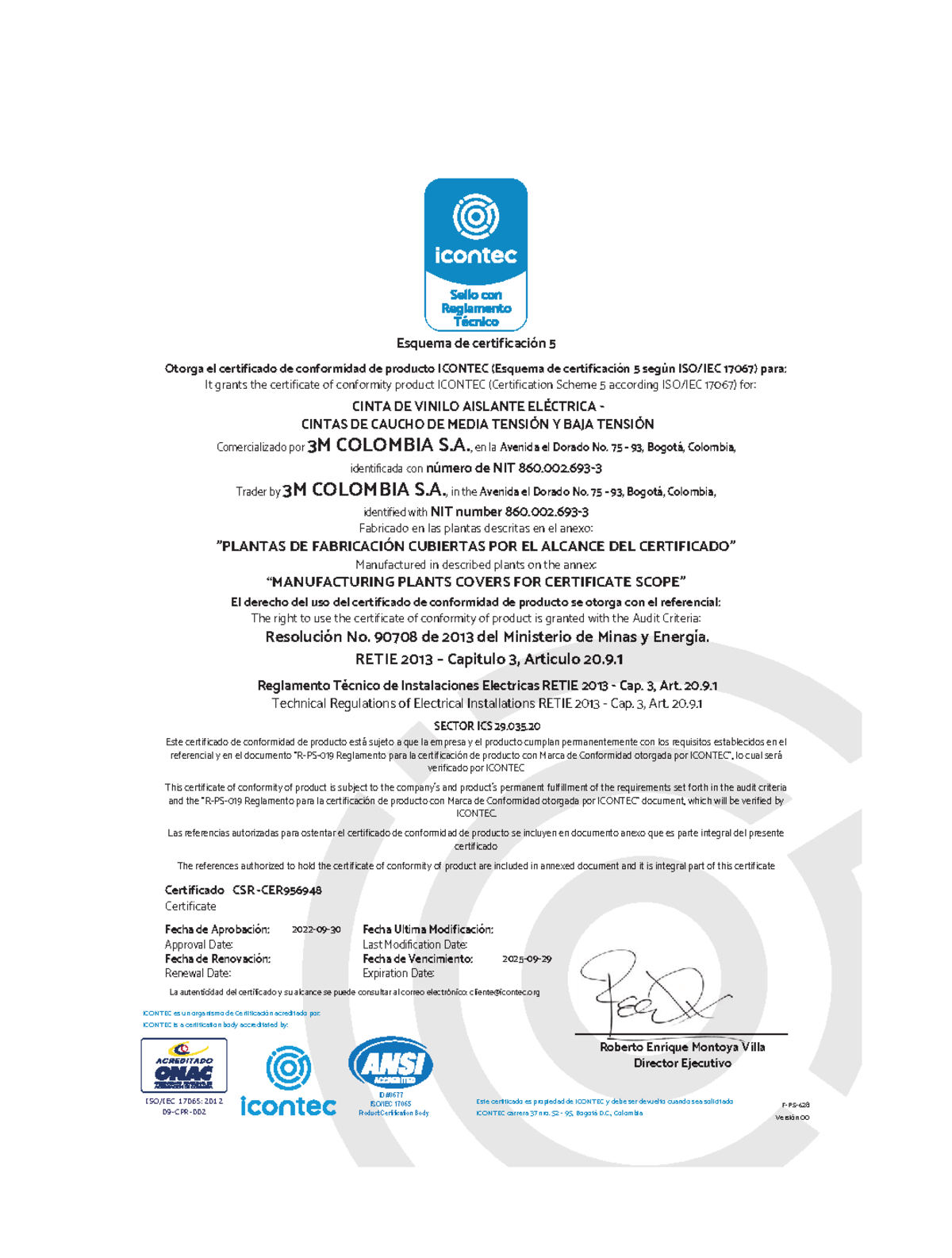 Certificado de Conformidad de Producto ICONTEC - 3M Colombia S.A. - Studocu