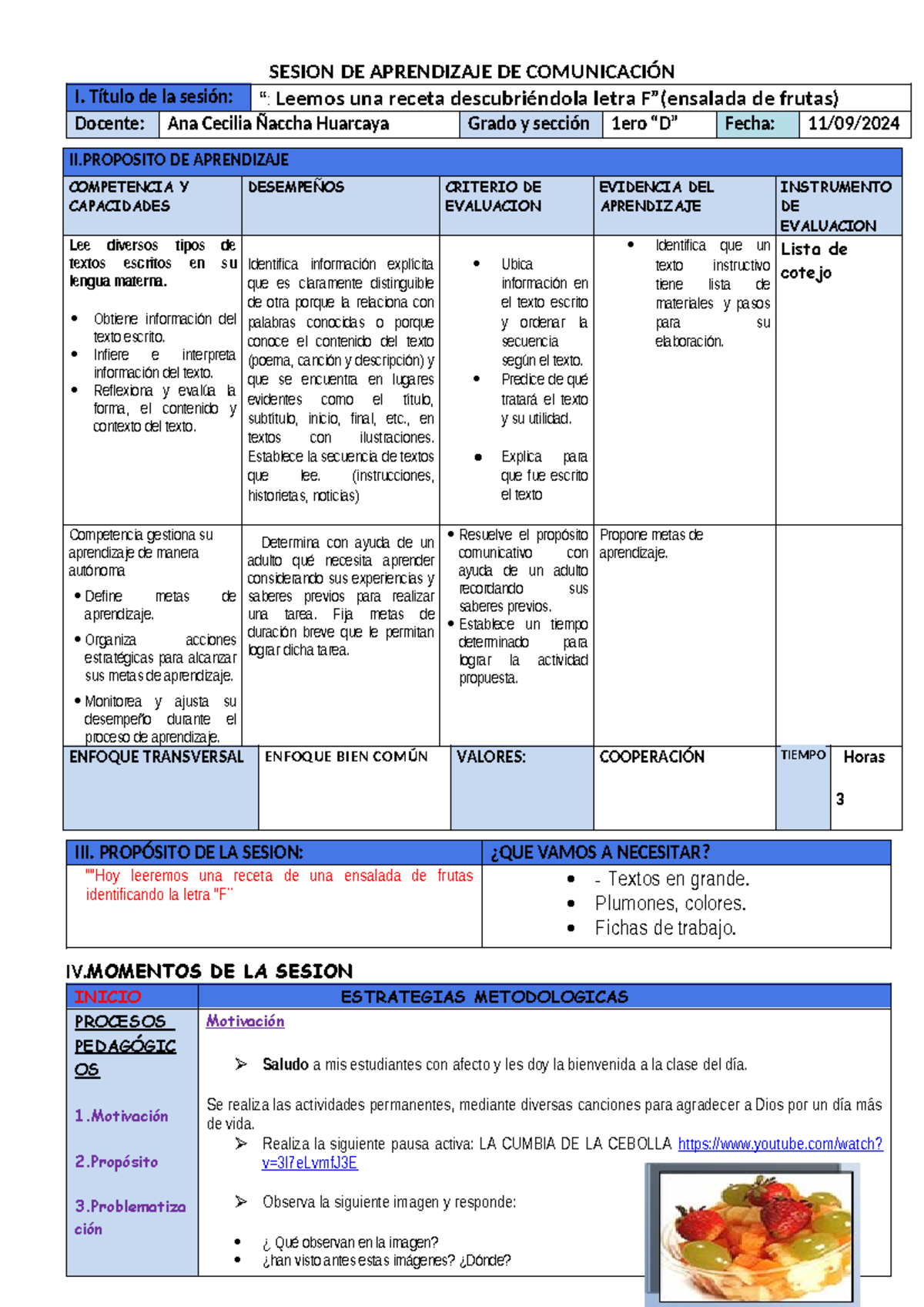 COMU- Leemos una receta de ensalada de frutas, letra F - Sesión docente ...