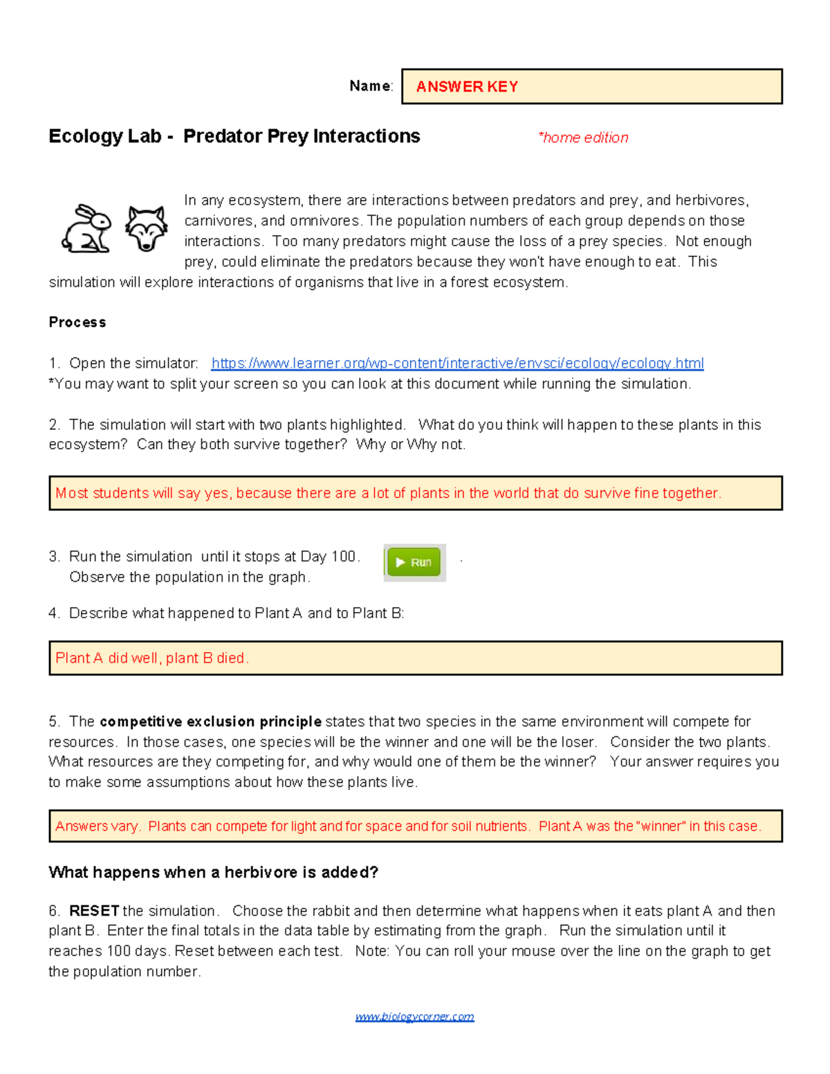 Predator Prey Interactions KEY-1 - Name : ANSWER KEY Ecology Lab ...
