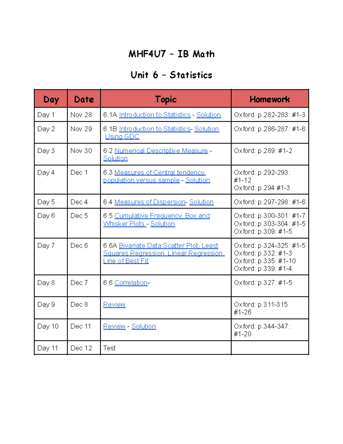 MHF4U7 IB Math Unit 6 Statistics Outline and Homework Solutions - Studocu