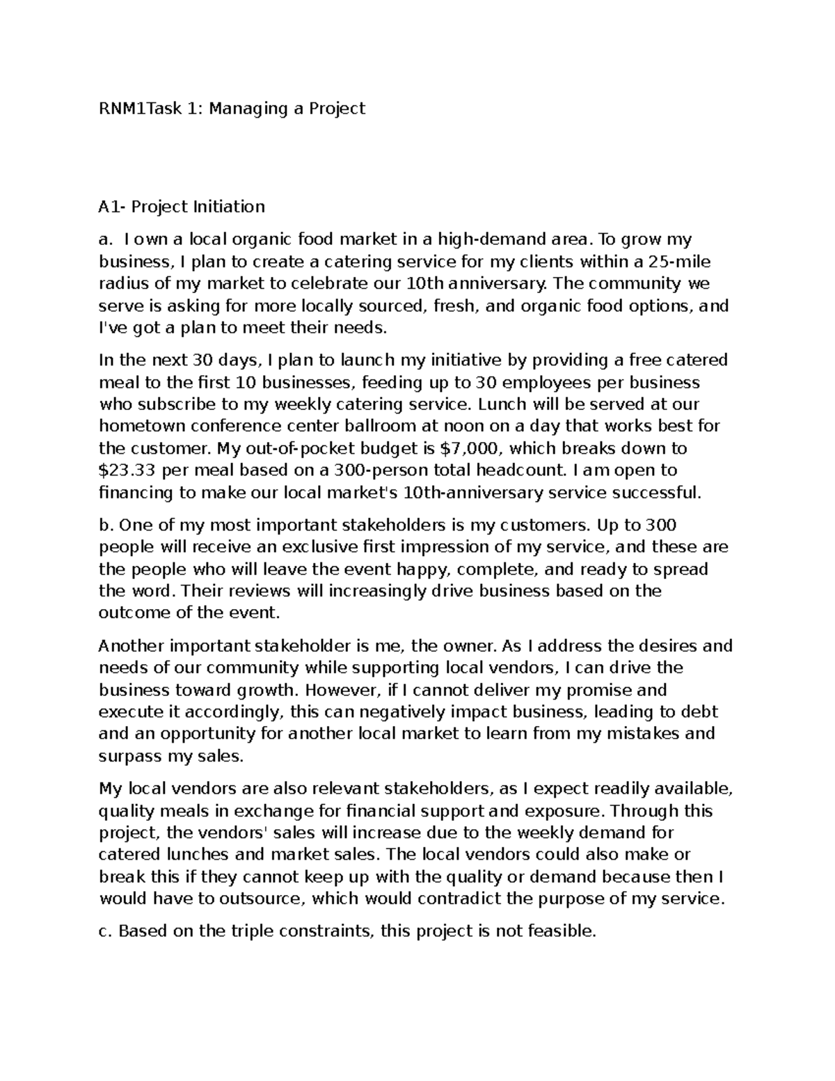 RNM1 Task 1: Project Initiation for Local Catering Service Expansion ...