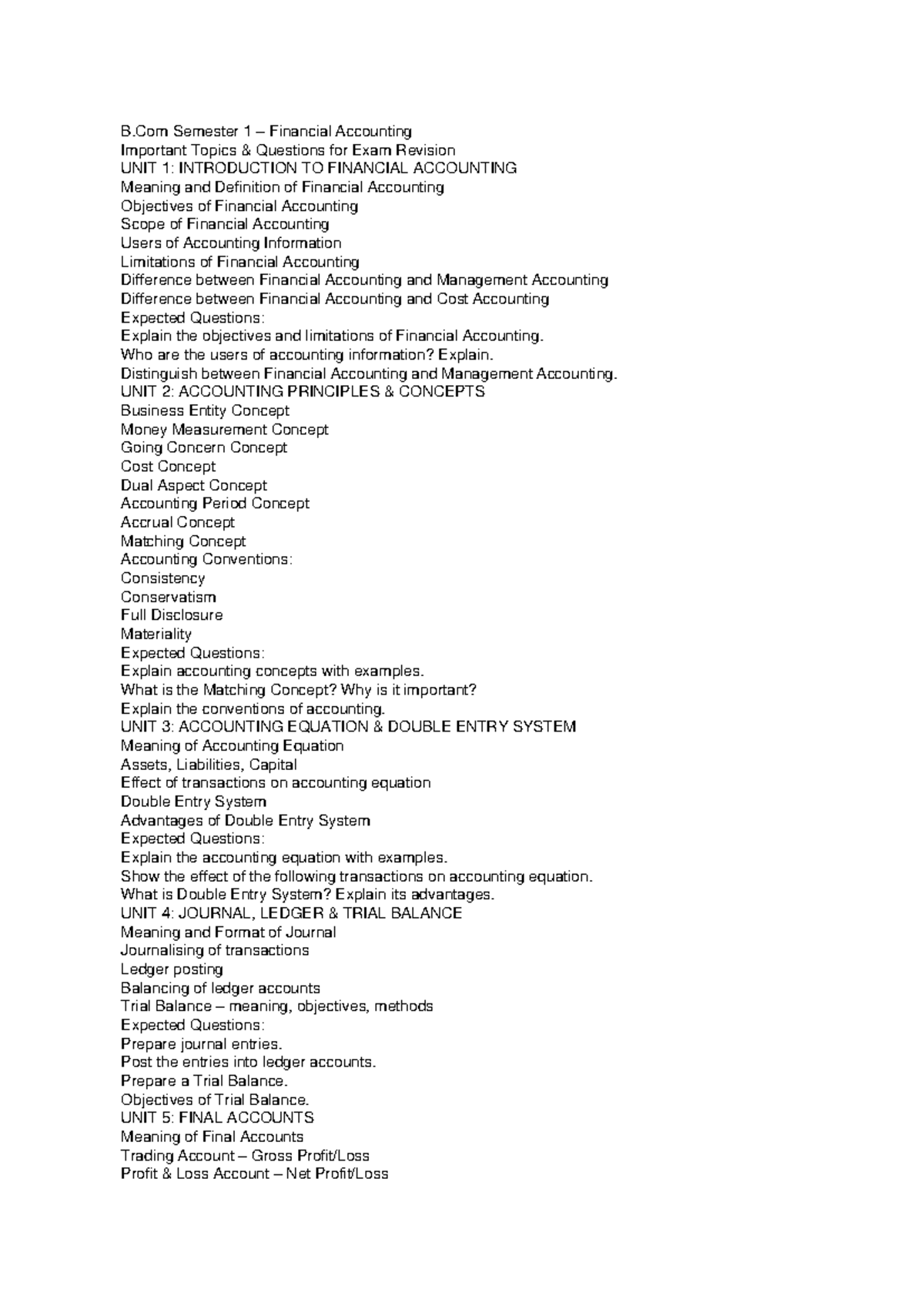 B Com Sem 1 Financial Accounting Key Exam Revision Questions Studocu