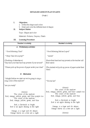 Fuller Method (Demo) - Grade 1 Daily Lesson Plan School ...