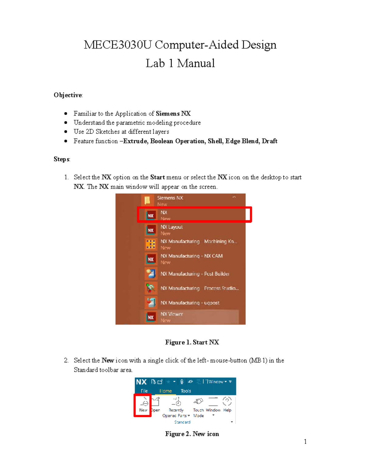 MECE3030U Lab 1 Introduction Siemens NX - MECE3030U Computer-Aided Design Lab 1 Manual Objective ...
