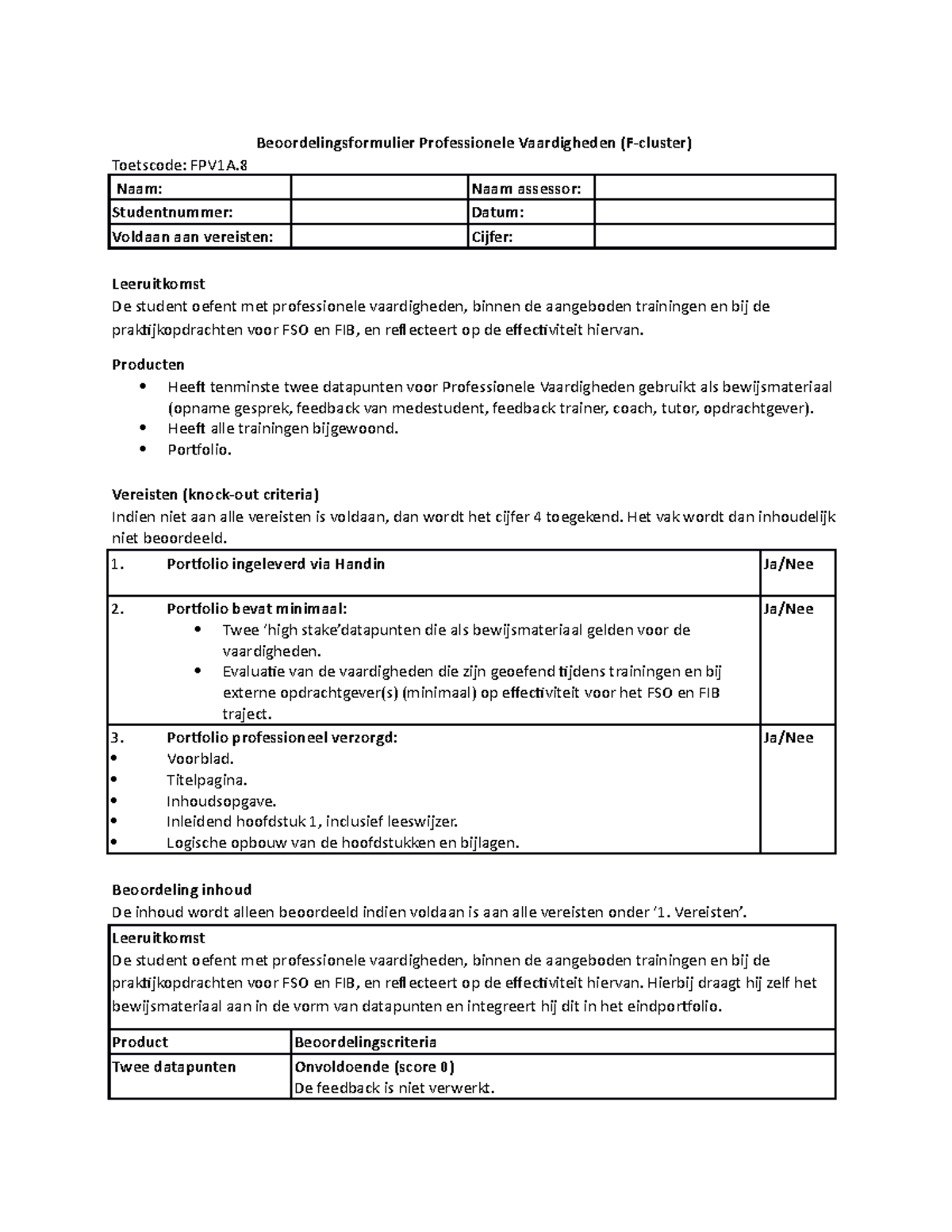 Beoordelingsformulier Professionele Vaardigheden FPV1A 2021-2022 - Studeersnel