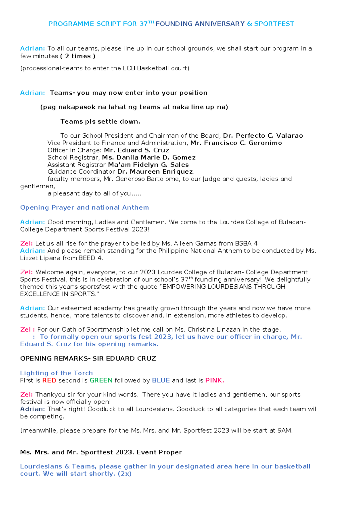 Programme Script for the 37th Founding Anniversary & Sportfest - Studocu