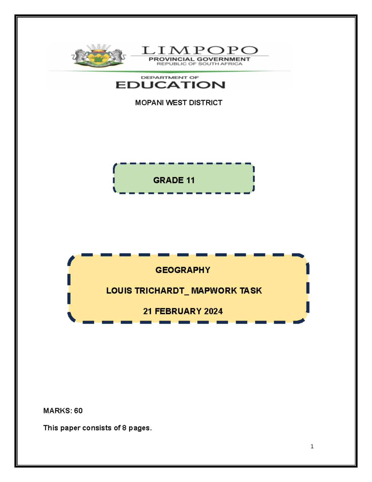2024 LP(L.T) GEOG 11 T1 Mapwork Task & QP for Louis Trichardt - Studocu