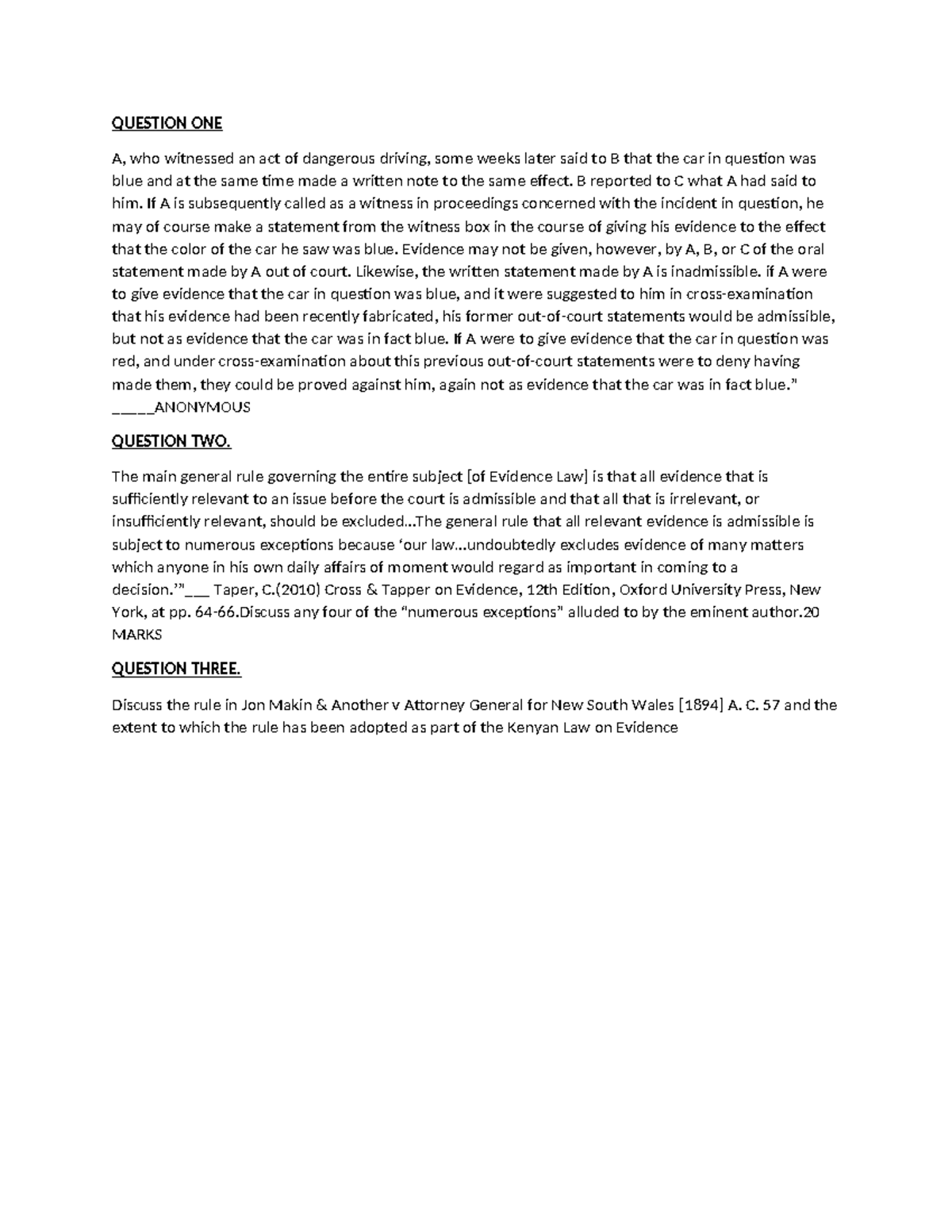 Evidence LAW PAST Papers: Key Concepts & Case Analysis - Studocu